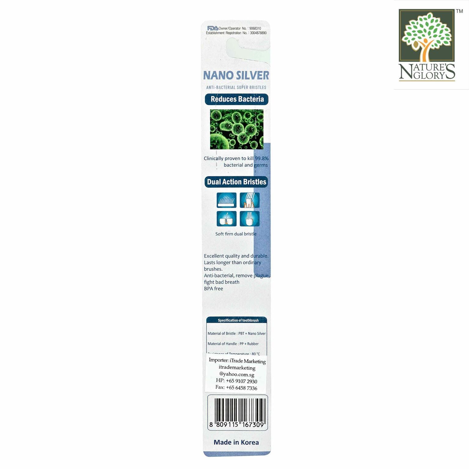 Nano Silver Tooth Brush for Adult 1pc - Nature's Glory Singapore